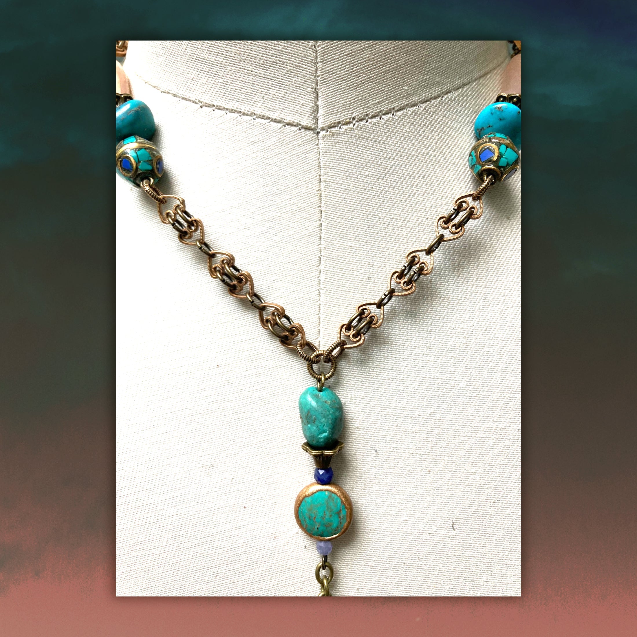 MERIDIAN CHAIN : Turquoise & Antique Brass Hearts – G i l d e d M a n e