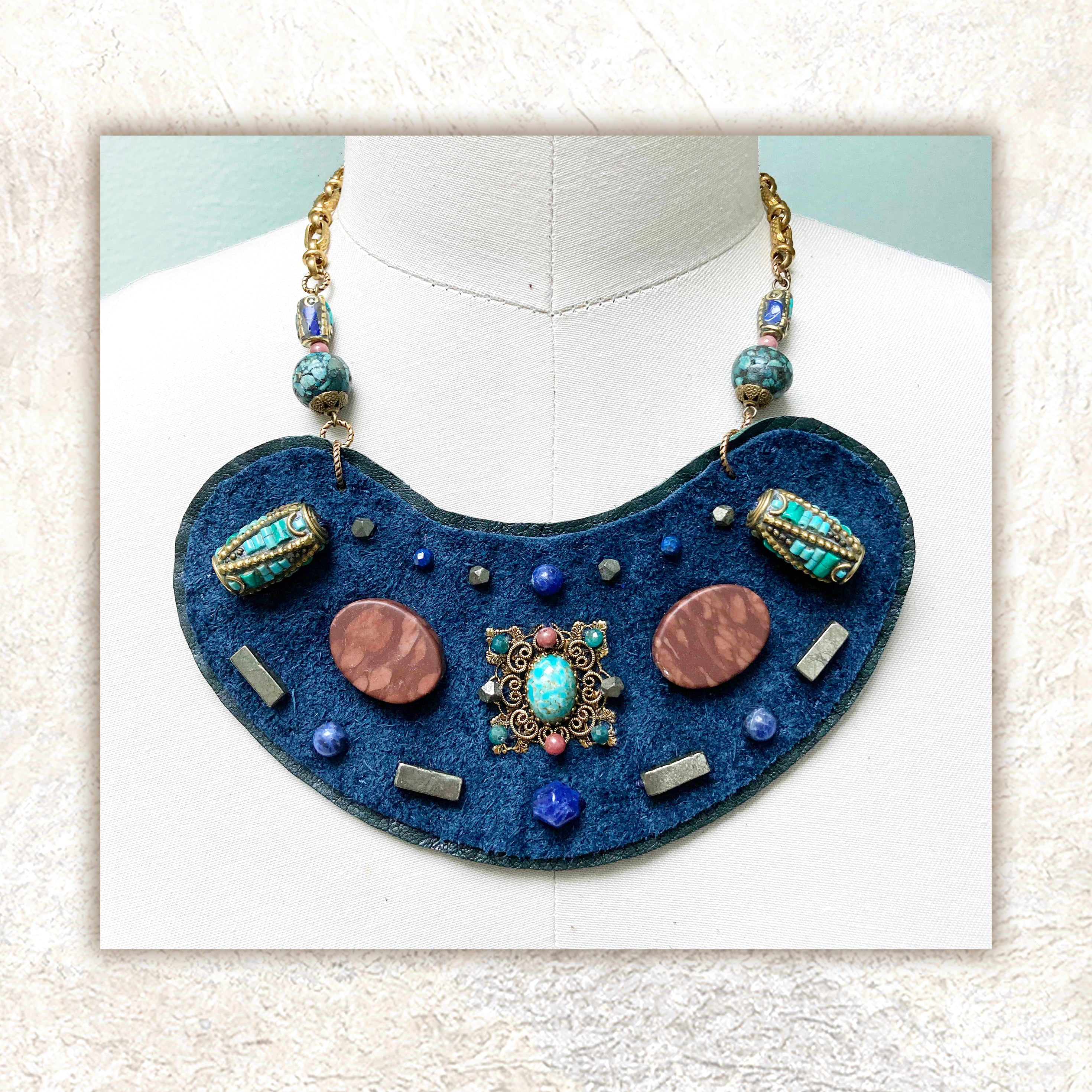 SHIELD NECKLACE : Reincarnated Jewels on Navy Leather – G i l d e d M a n e