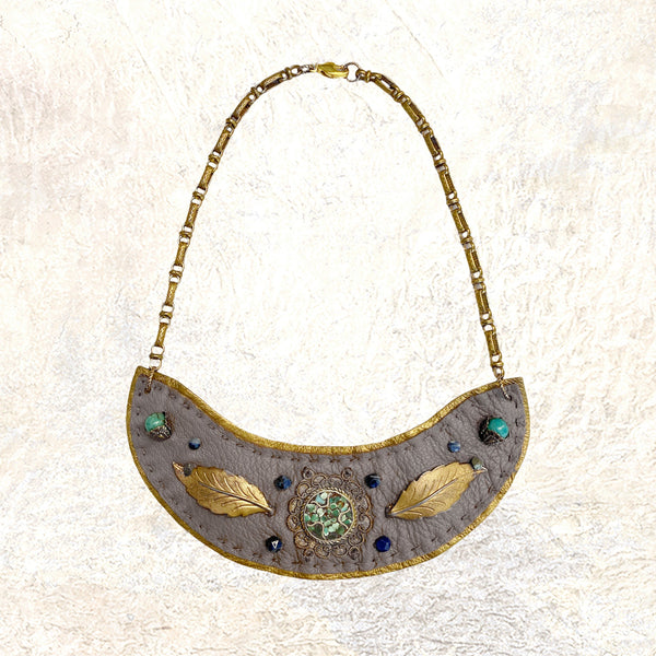 SHIELD NECKLACE : Turquoise Inlaid Brass on Taupe Leather – G i l d e d ...