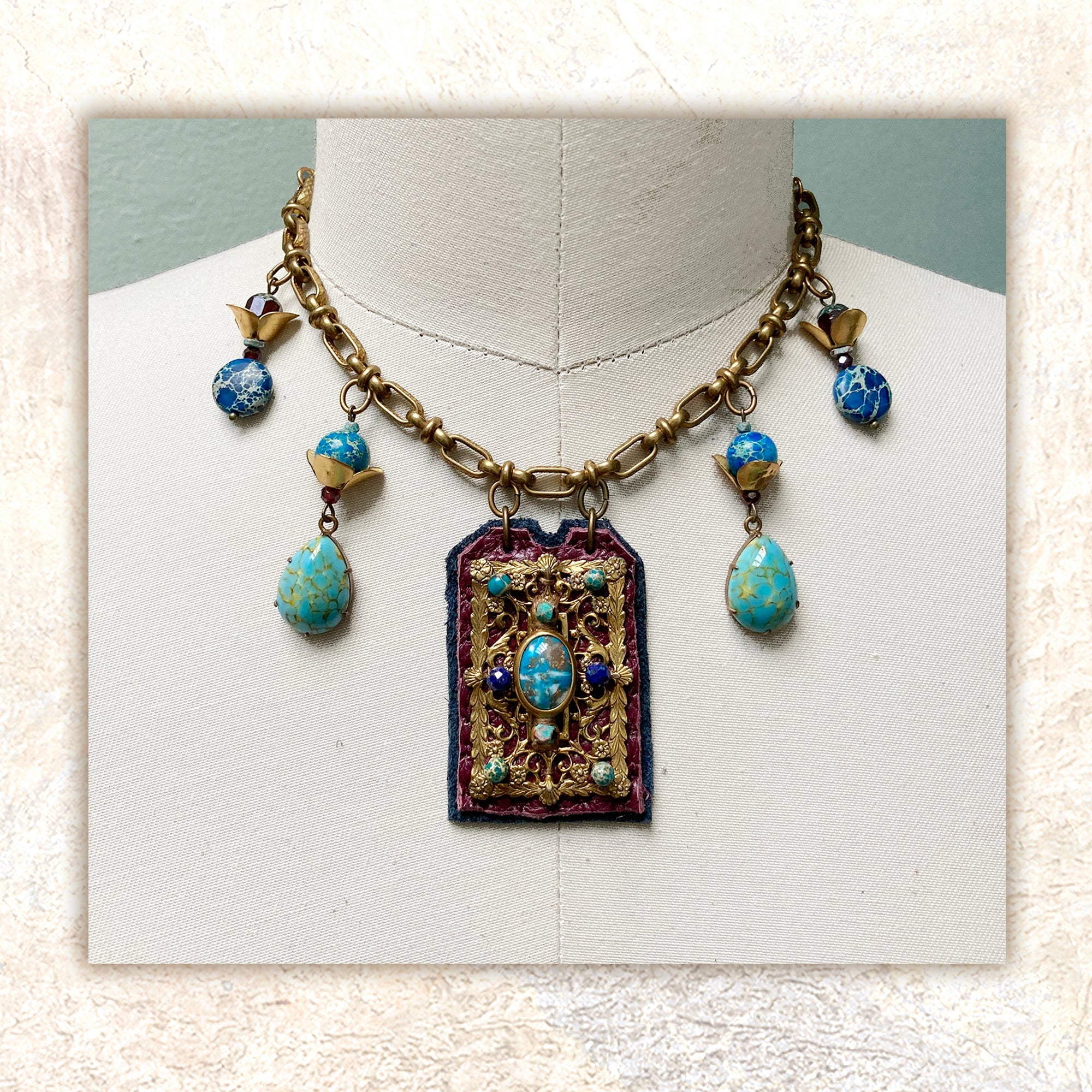 SHIELD NECKLACE : Vintage Brass & Lapis – G i l d e d M a n e